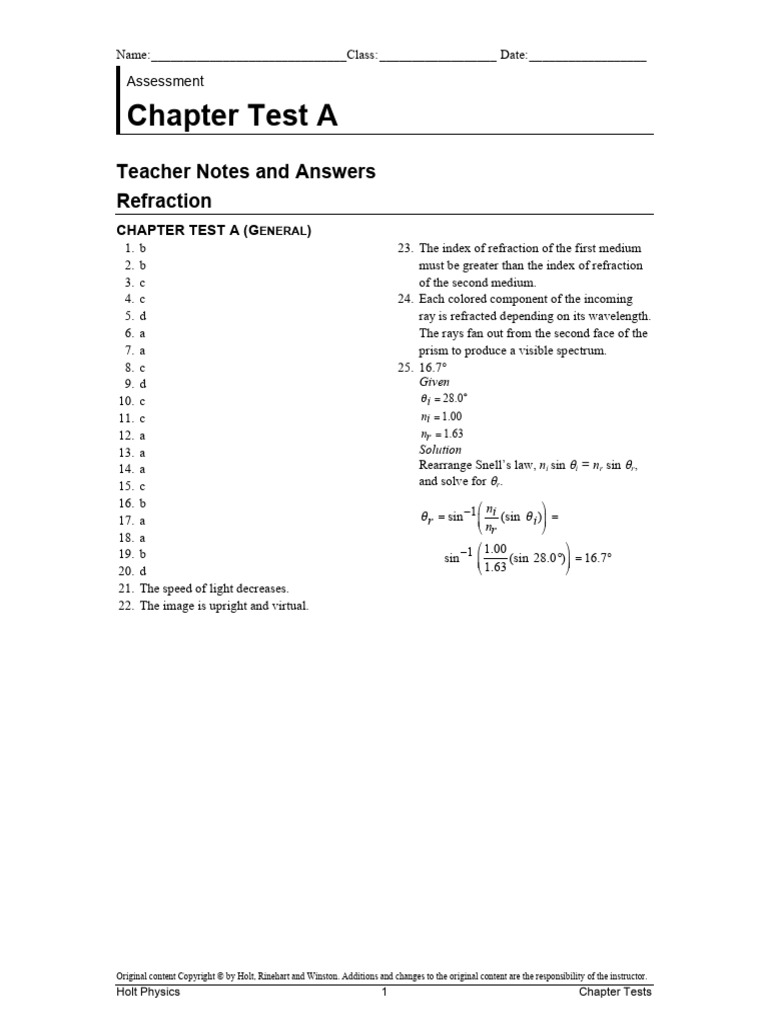 Ch 14 Chapter Test A Pdf Refraction Optics