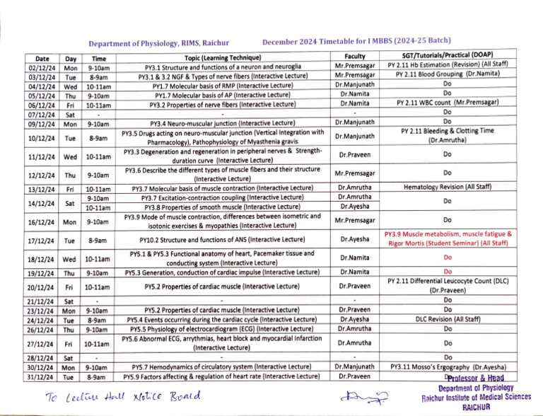 December Timetable 24-25 Batch | PDF | Heart | Cardiac Muscle