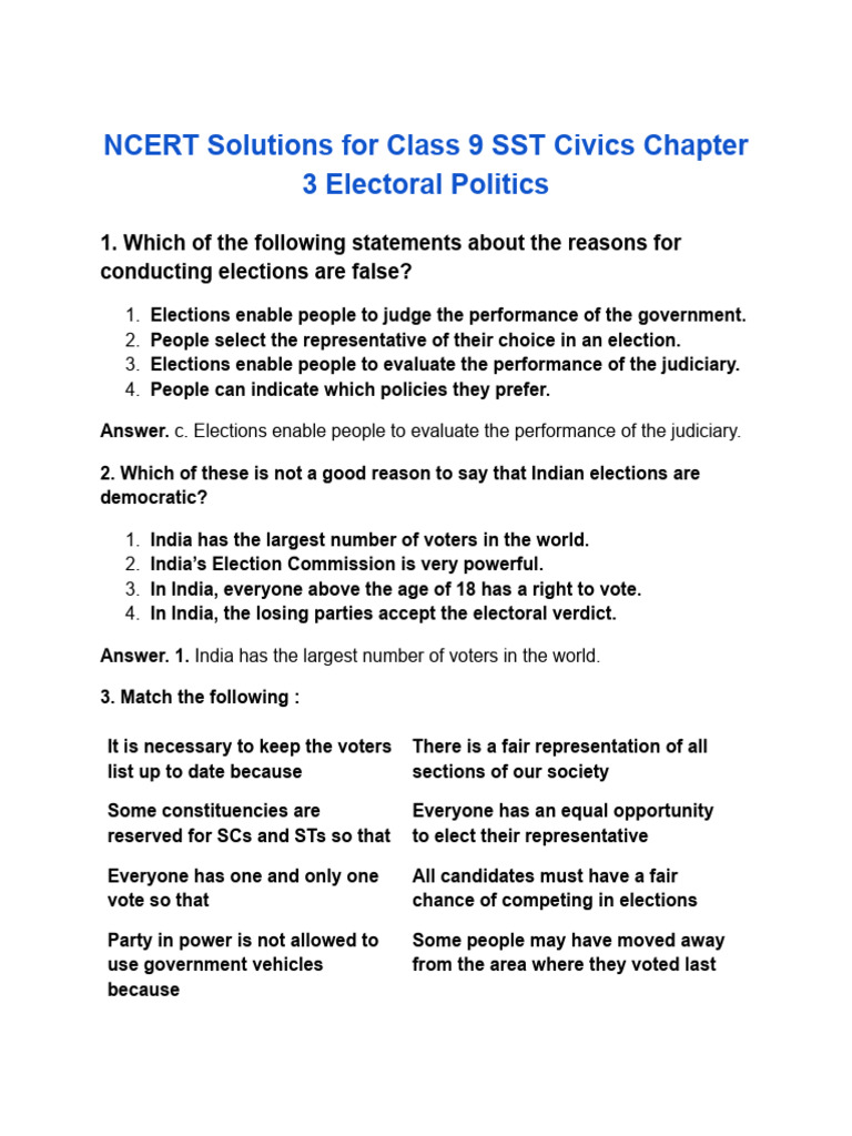 NCERT Solutions For Class 9 SST Civics Chapter 3 Electoral Politics ...