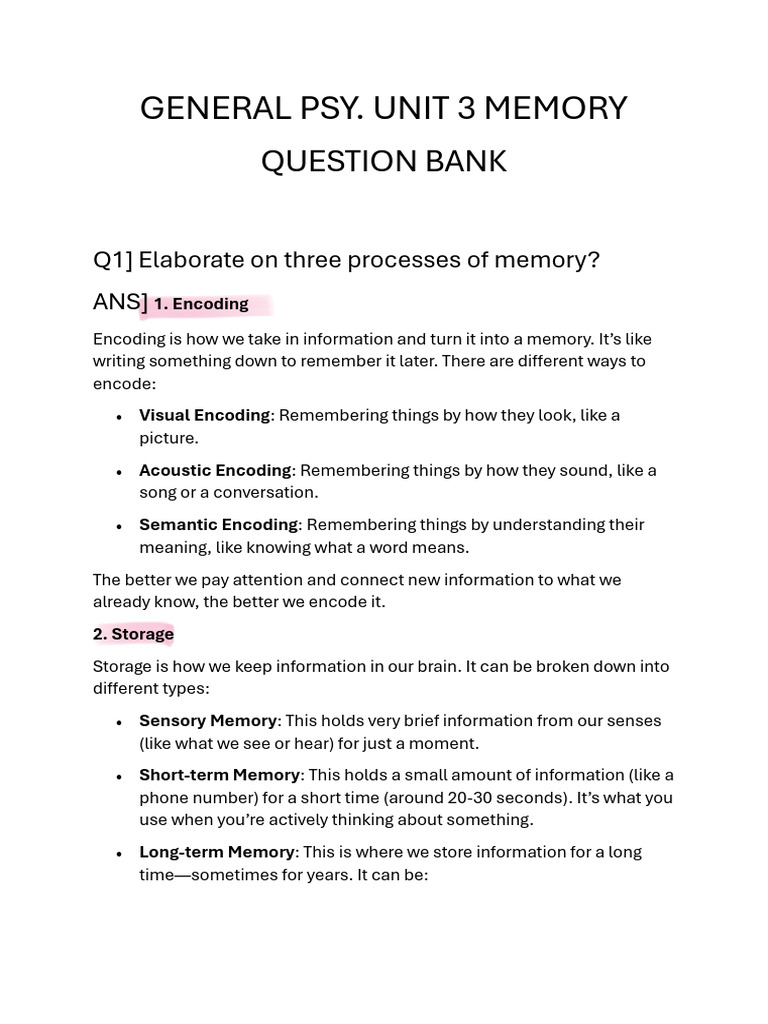 General Psy. Unit 3 Memory | PDF | Memory | Cognitive Psychology