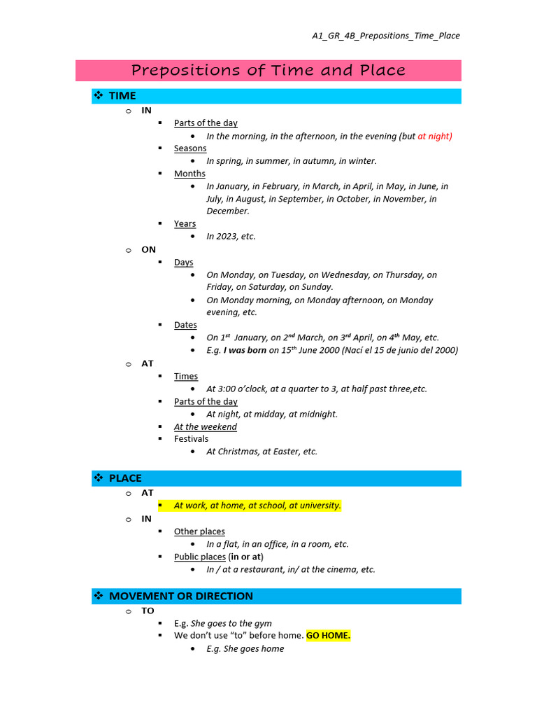 A1_Grammar_Prepositions_Time_Place | PDF