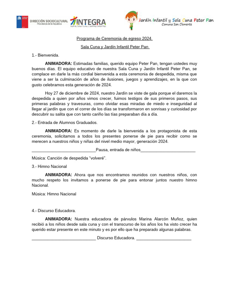 Programa de Ceremonia Hito de Egreso 2024 Ultimo | PDF | Educación de la primera infancia