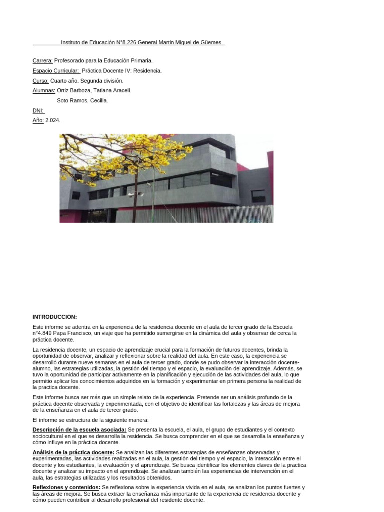Informe Final de La Residencia Docente. | PDF | Enseñando | Maestros