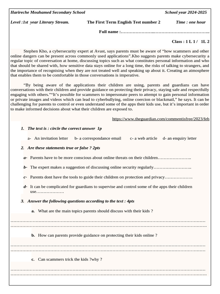 2nd First Term Test Literary Stream | PDF | Word | Linguistics