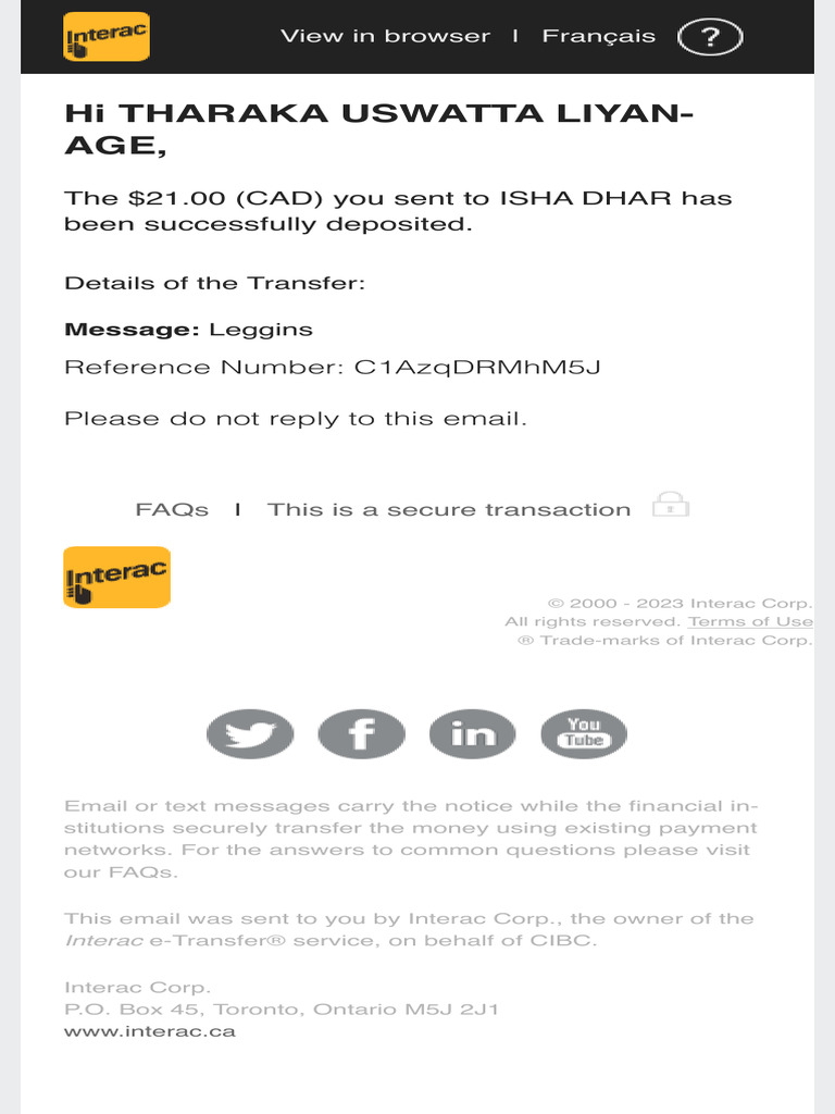 Web Version of INTERAC E-Transfer Notification | PDF