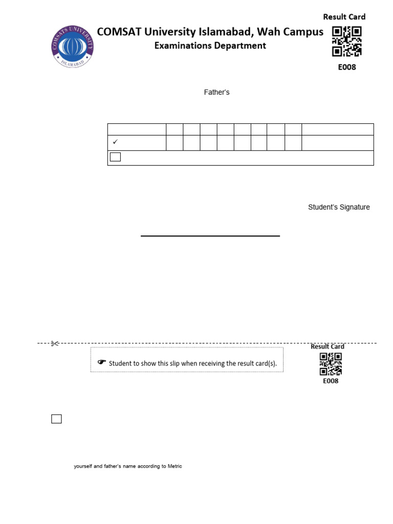E8 Result Card Form - Receiving Token For Transcript | PDF