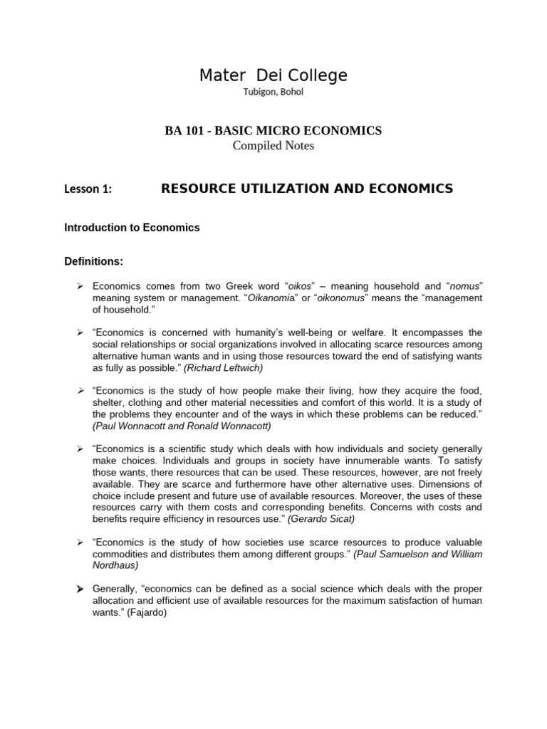 BASIC MICRO ECONOMICS Lesson 1 For Students | PDF | Macroeconomics ...