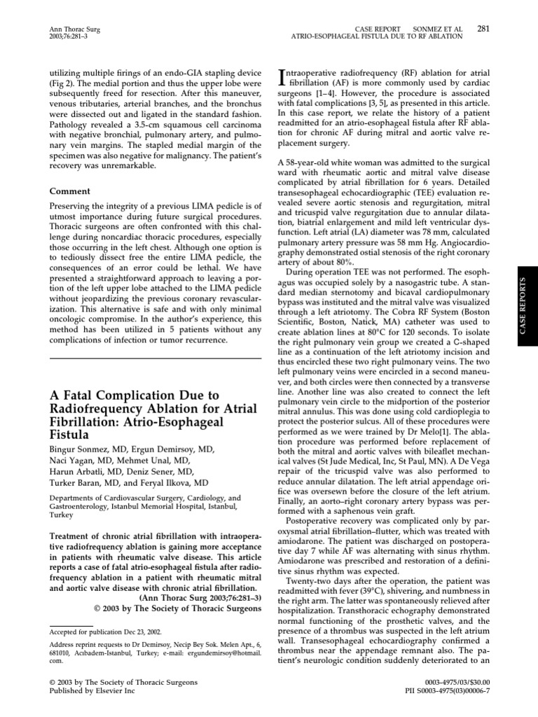 A Fatal Complication Due to Radiofrequency Ablation for Atrial Fibrillation- Atrio-Esophageal ...