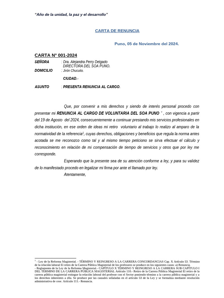 Carta de Renuncia Al Cargo Profesor Percy | PDF