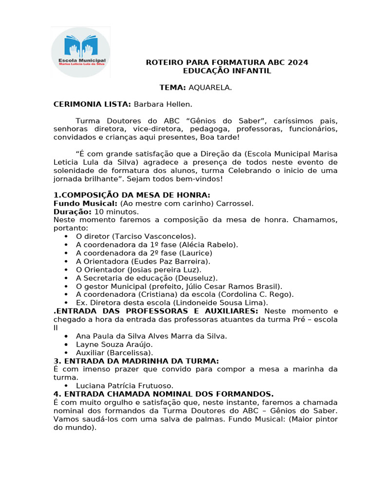 Roteiro-Para-Formatura Aquqrela 2024. | PDF