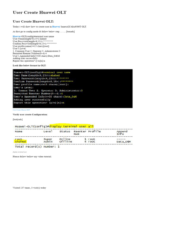 User Create Huawei OLT | PDF