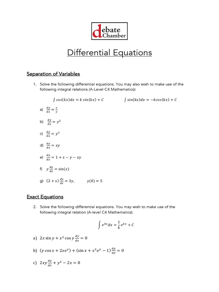 MMSS2 - Differential Equations - Worksheet | PDF | Navier–Stokes Equations | Fluid Dynamics