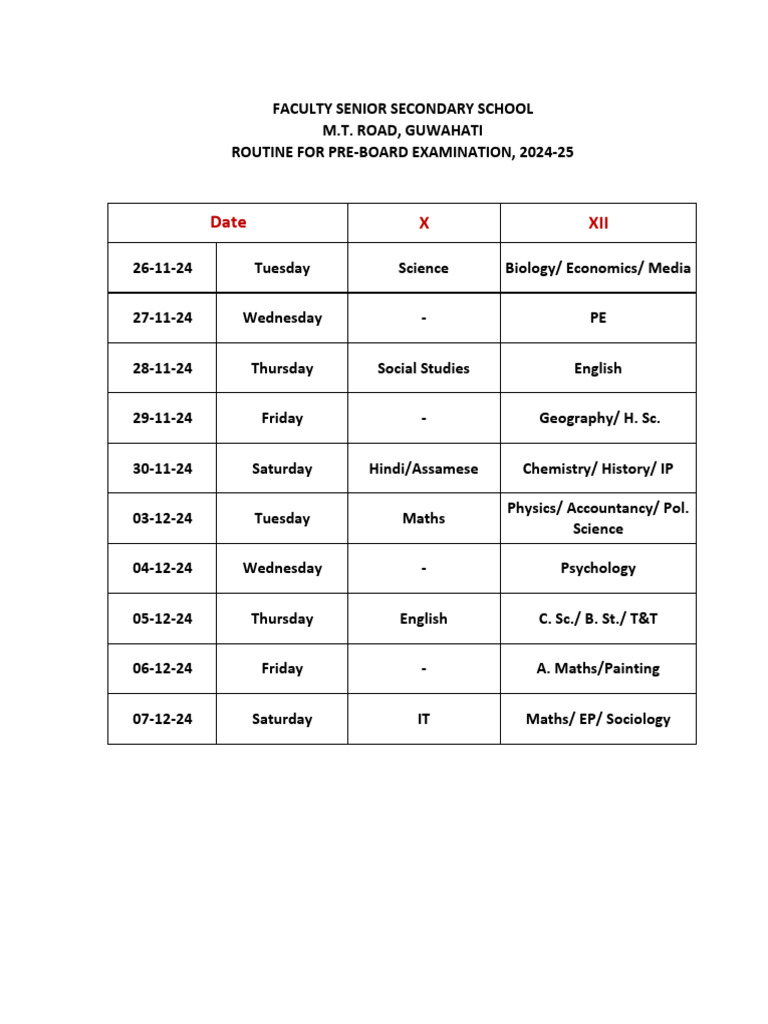 Pre-Board Time Table | PDF