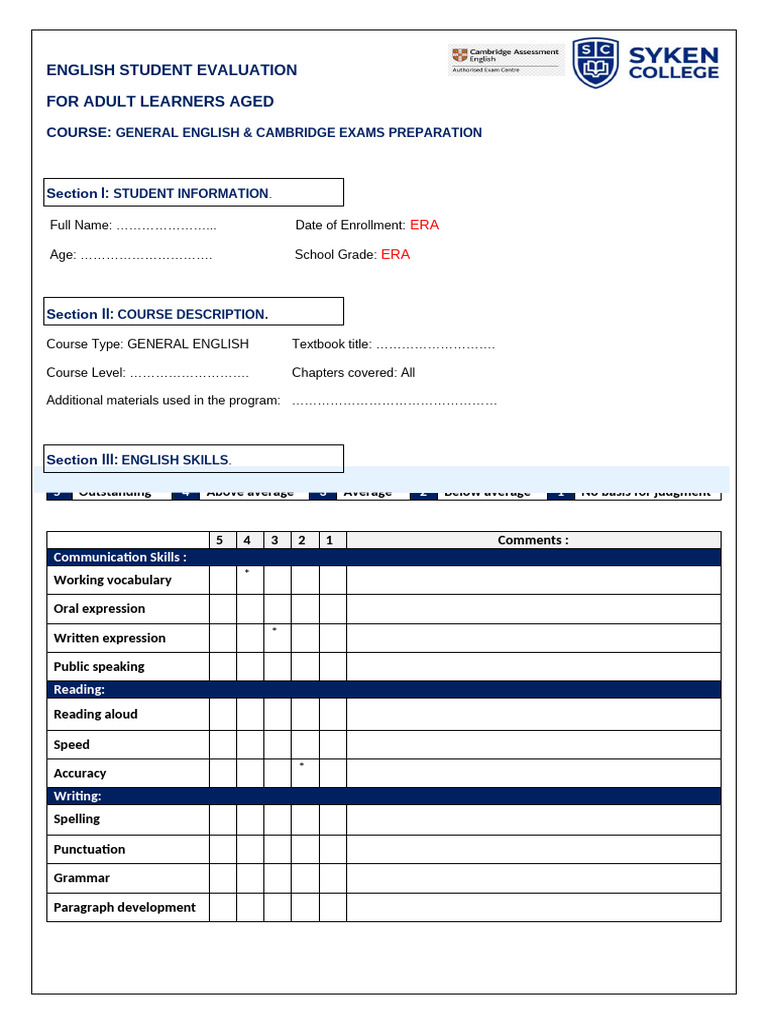 Adult English Learner Evaluation Form | PDF