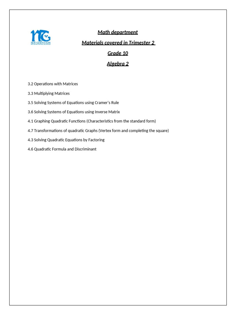 Grade 10 Algebra 2 Curriculum | PDF