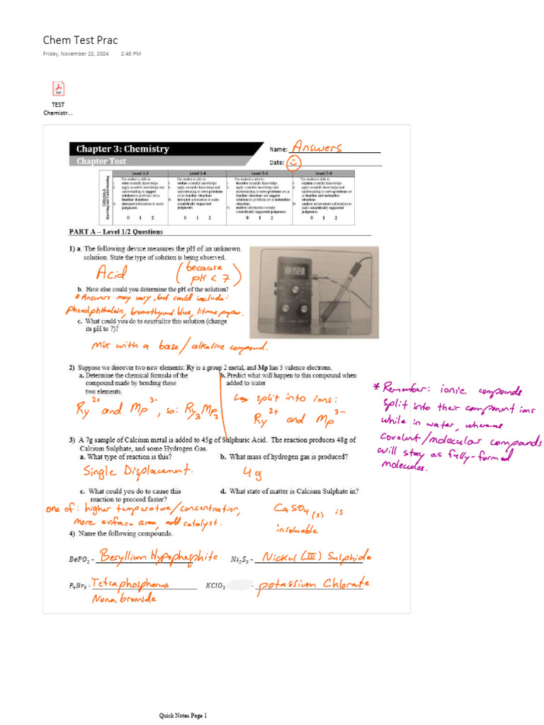 TEST Chemistry Practice ANS | PDF