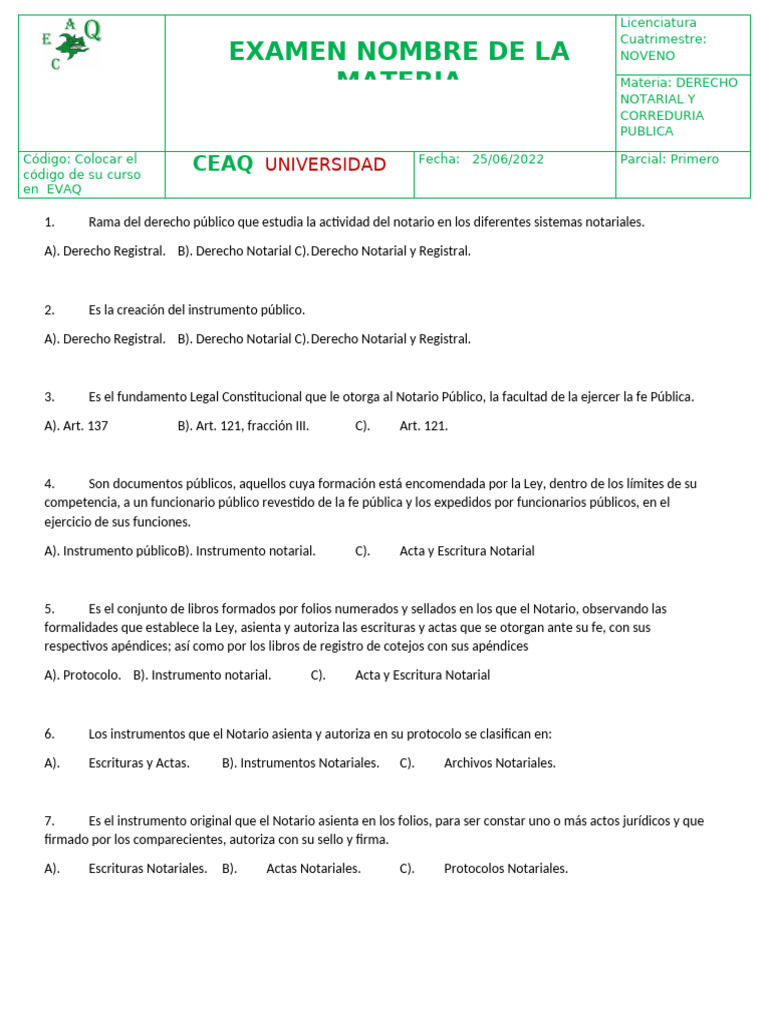 Examen Primer Parcial Derecho Notarial y Correduria Publica | PDF | Justicia | Crimen y violencia