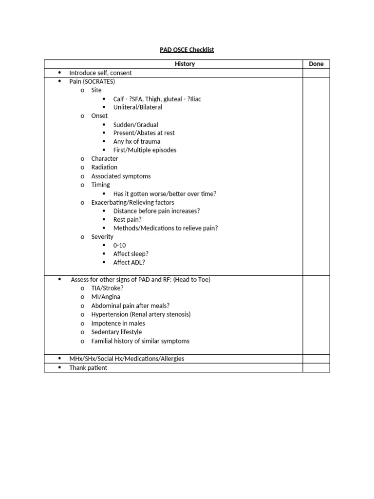 PAD OSCE Checklist | PDF