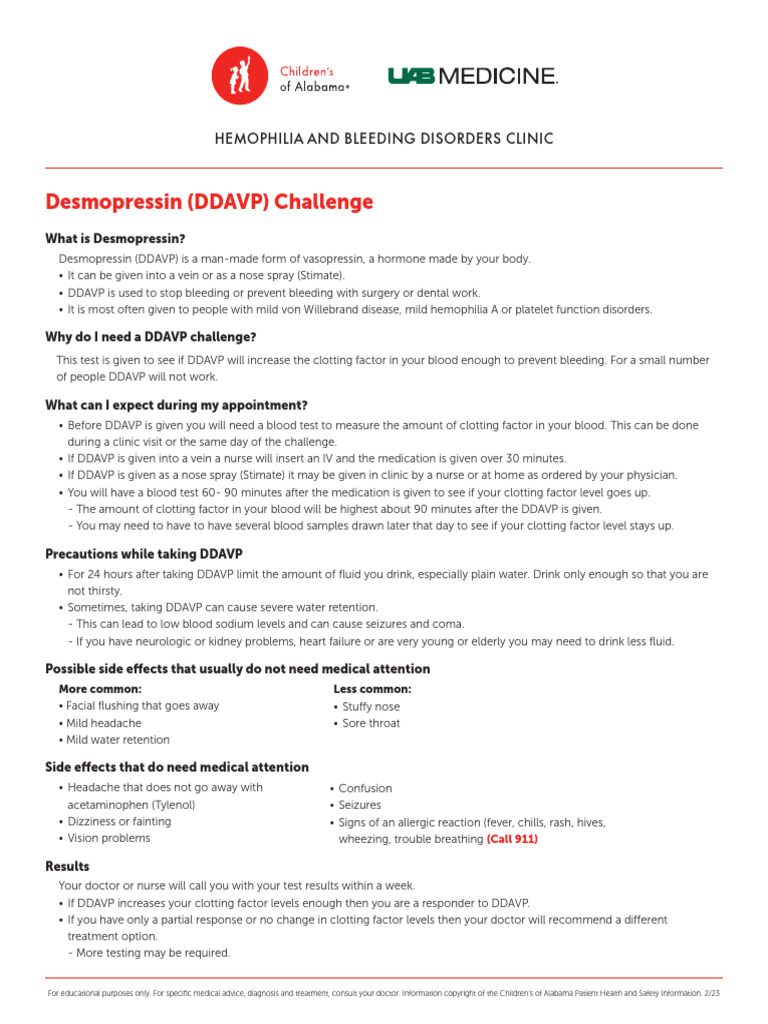 Desmopressin DDAVP Challenge | PDF | Bleeding | Human Diseases And ...