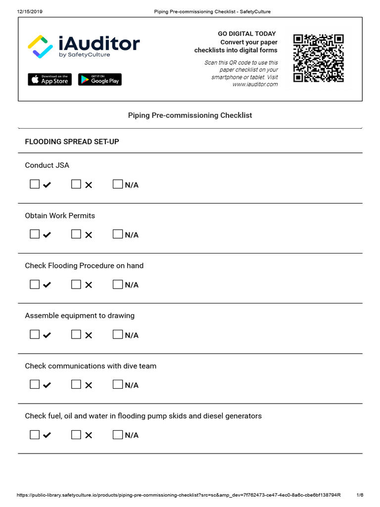 Piping Pre-Commissioning Checklist - SafetyCulture | PDF | Pump | Valve