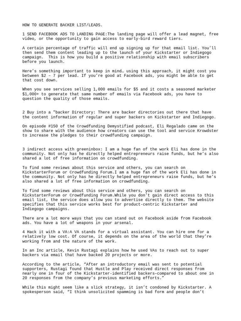 Ways To Generate Backer List | PDF | Kickstarter | Indiegogo