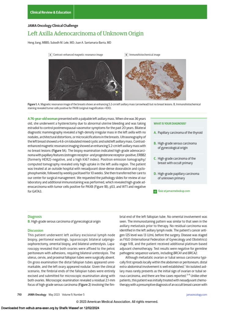 Left Axilla Adenocarcinoma of Unknown Origin | PDF | Ovarian Cancer ...