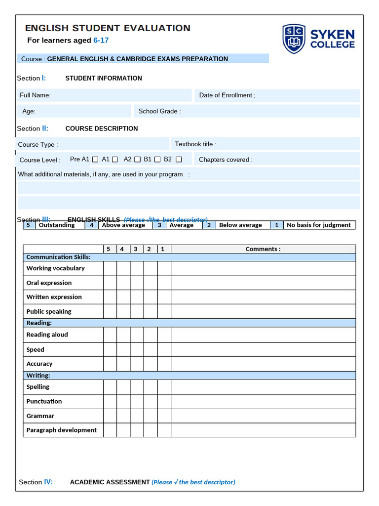 English Skills Assessment Form | PDF