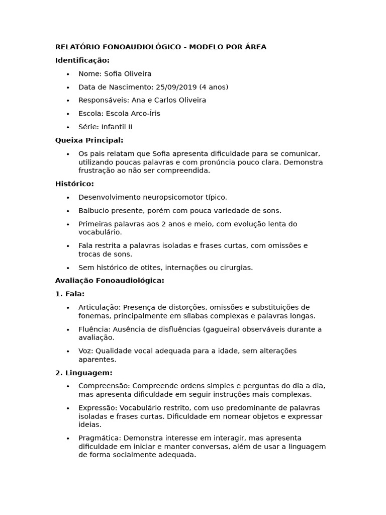 Modelo de Relatório Fonoaudiológico - Modelo Por Área | PDF ...