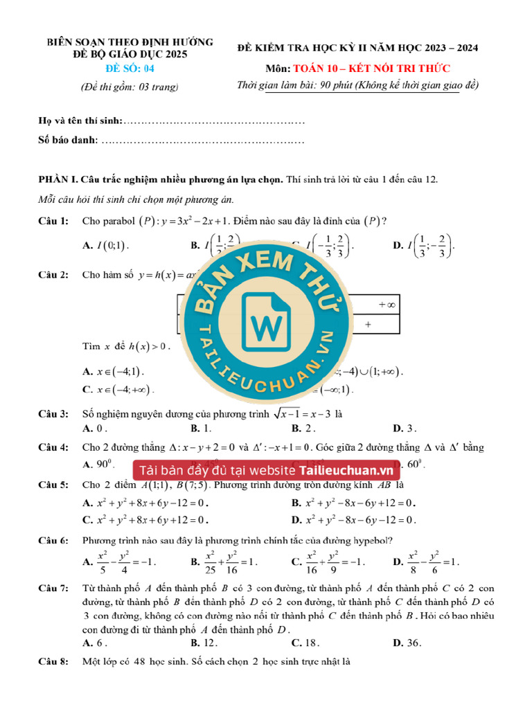 De 4 On Tap Cuoi hk2 Toan 10 KNTT Soan Theo Minh Hoa BGD 2025imagemarked - 1600 - PDF - Gdrive ...