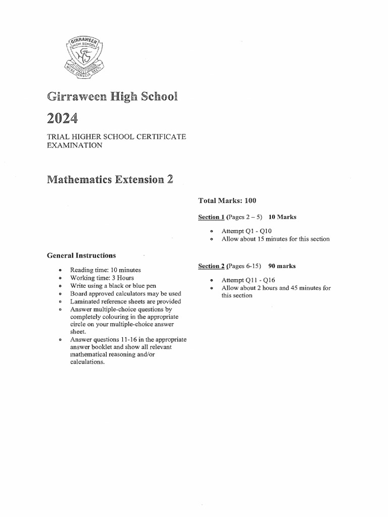 Girraween Ext2 Math Trial 2024 | PDF | Acceleration | Velocity
