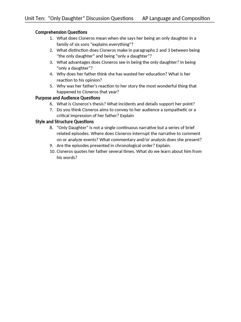 Only Daughter Discussion Questions | PDF