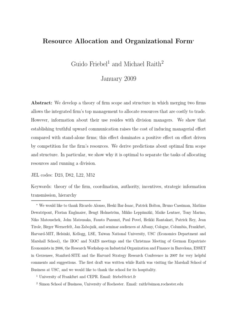 Resource Allocation in Merged Firms | PDF | Incentive | Economies