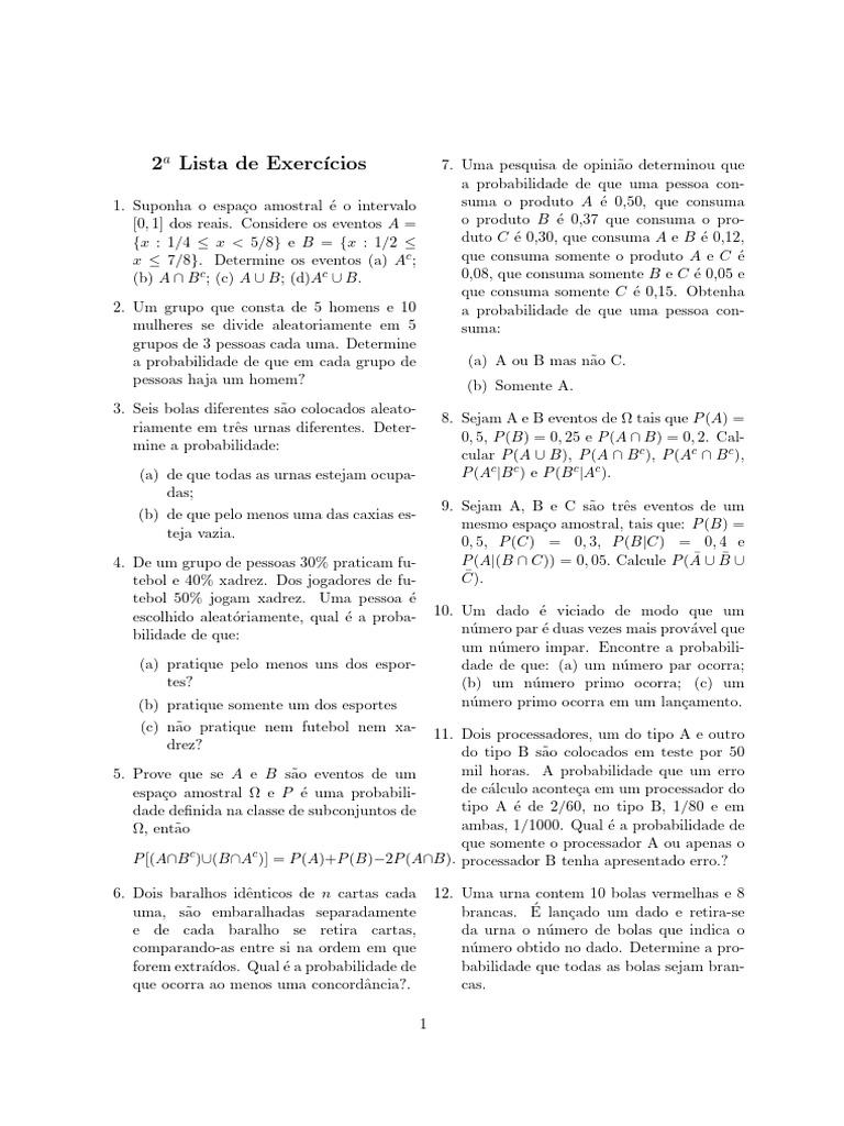 Lista2 2024 | PDF | Teoria da Probabilidade | Probabilidade