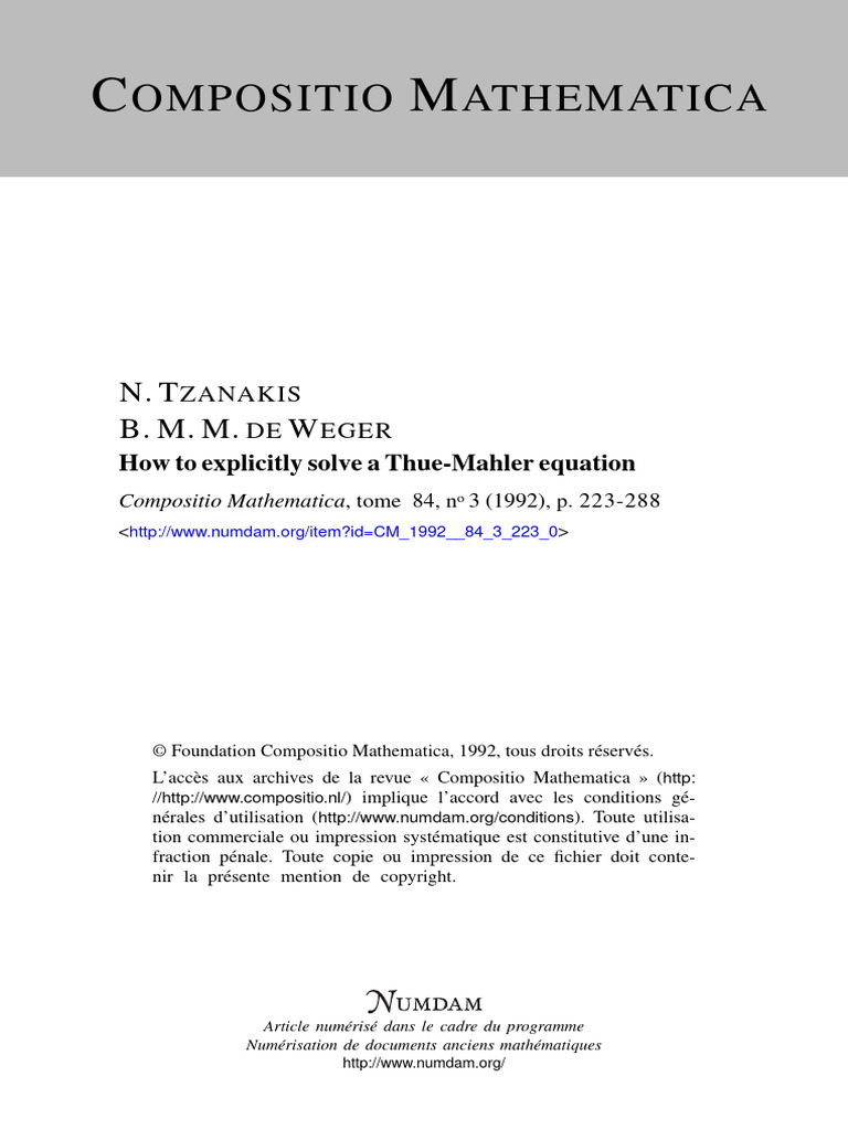 Tzanakis Deweger Thue Mahler | PDF | Field (Mathematics) | Equations