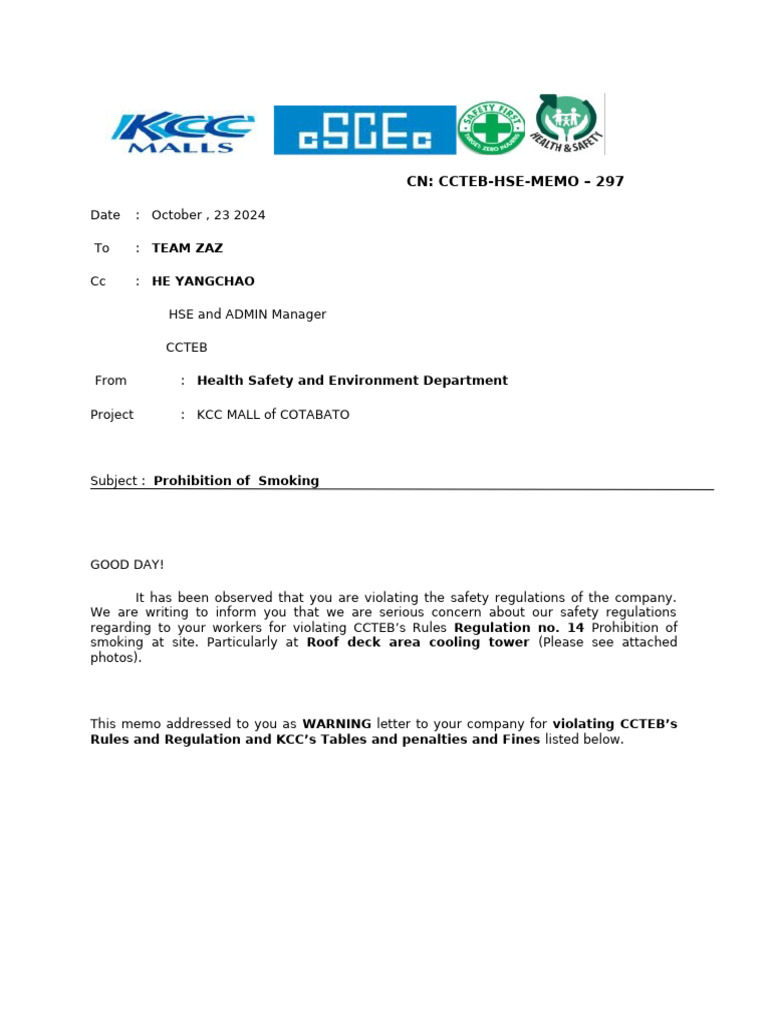 Smoking Ban Warning for Team ZAZ | PDF