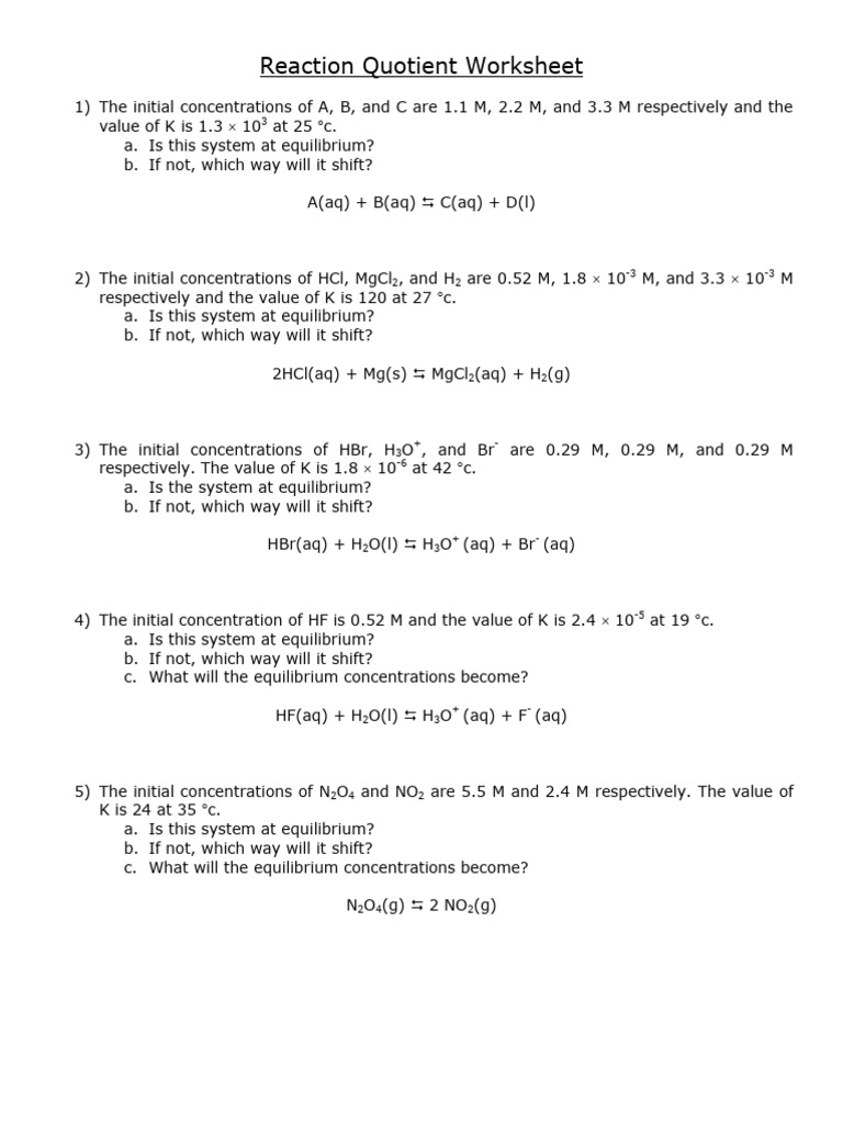 Reaction Quotient HW | PDF