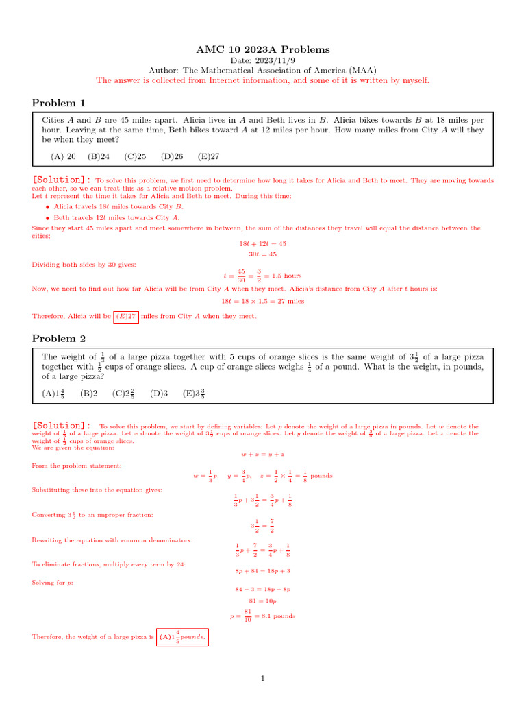 AMC10 2023 Ans | PDF | Mathematical Analysis | Algebra