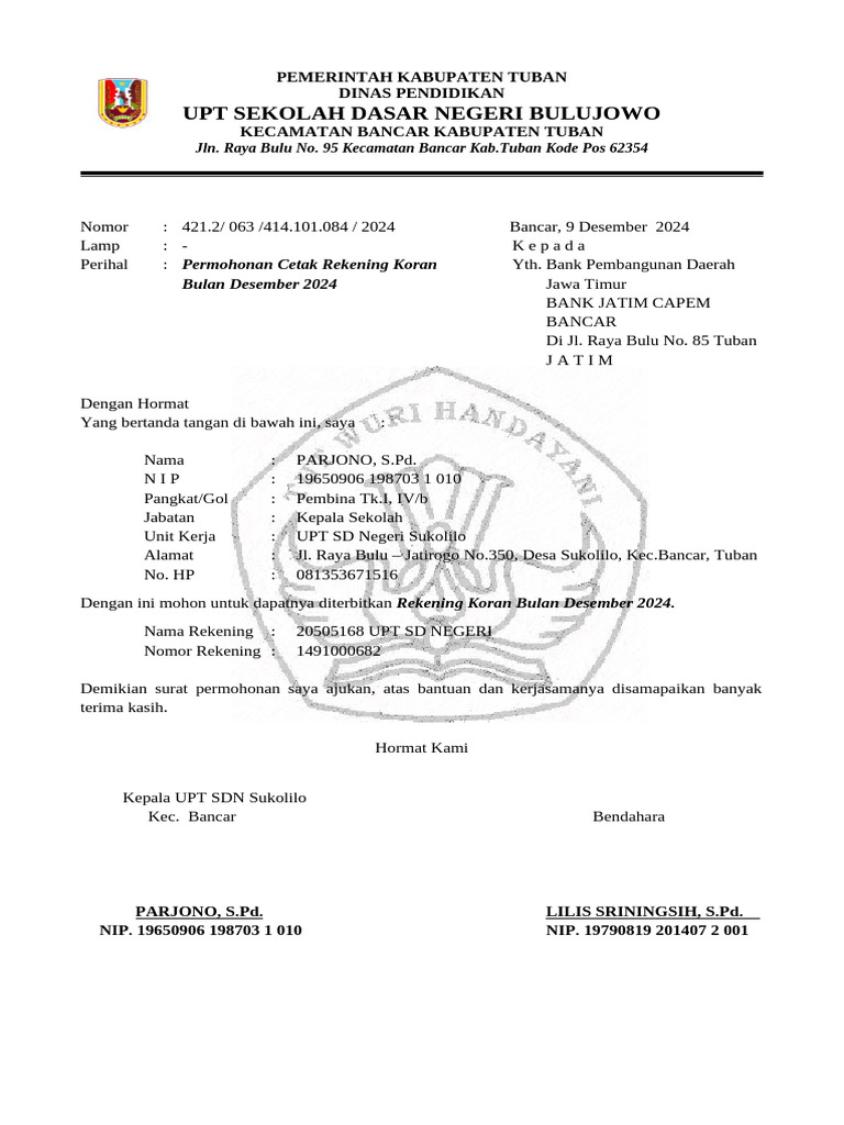6. SRT PERMOHONAN CTK REKENING KORAN SDN SUKOLILO | PDF