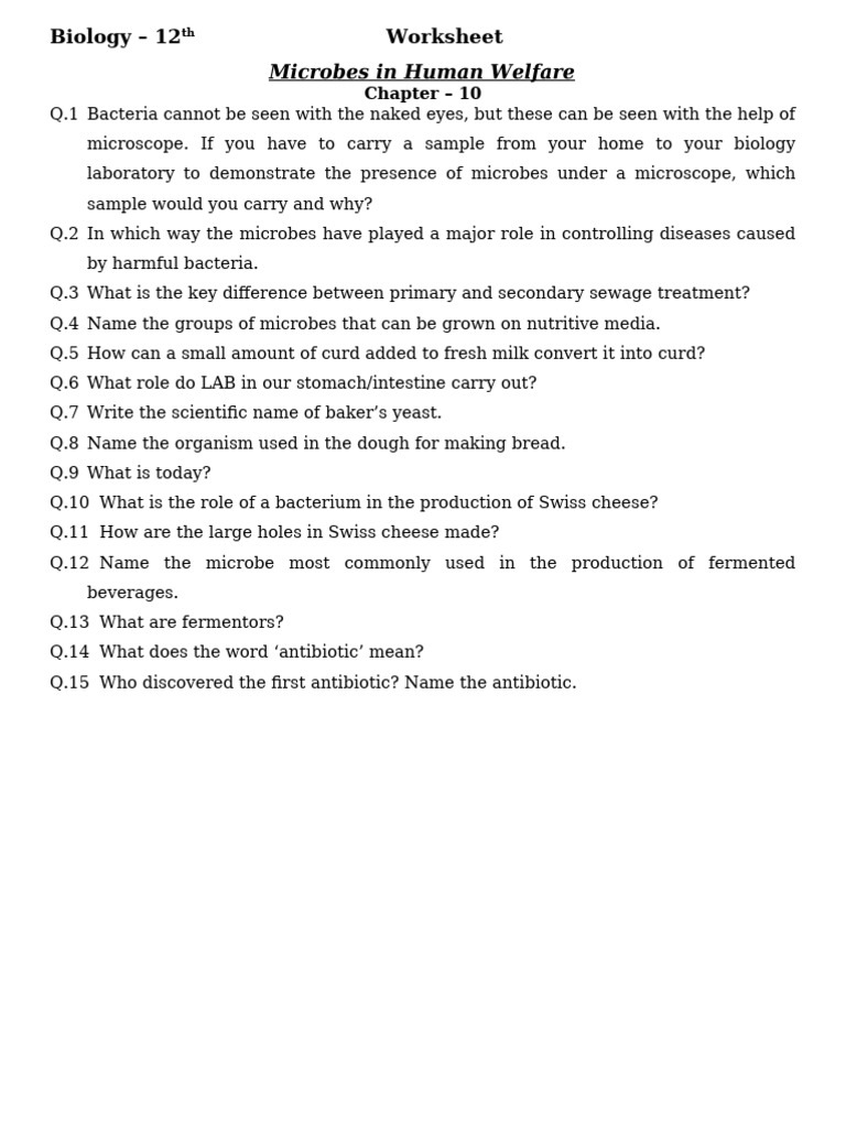 Microbes in Human Welfare Worksheet | PDF