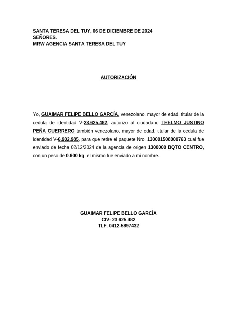 Autorización para Retirar Paquete MRW | PDF