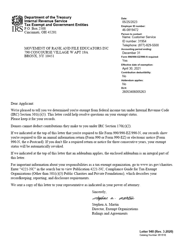 IRS Tax Exemption Letter for Educators | PDF | 501(C) Organization ...