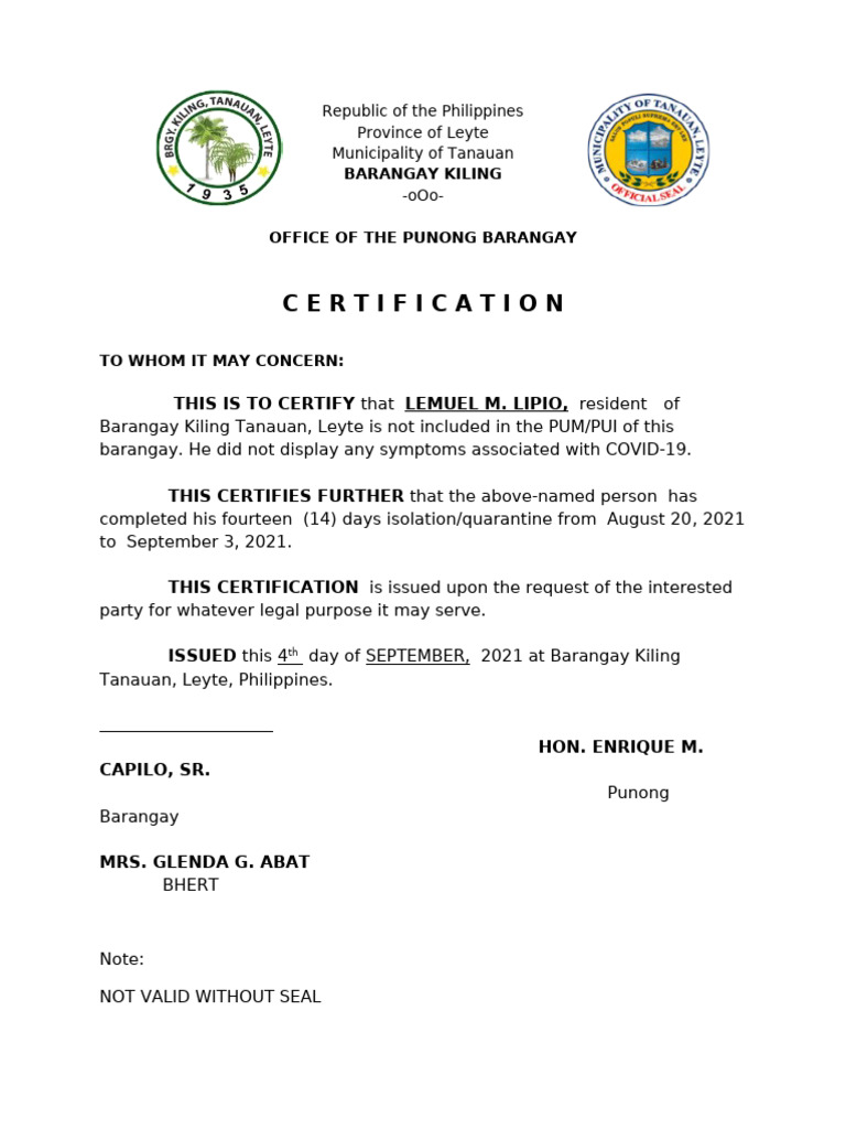 Certificate of Complete Quarantine-LEMUEL | PDF