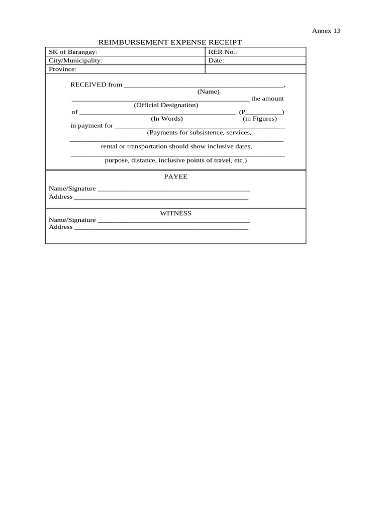 Reimbursement Expense Receipt Template | PDF