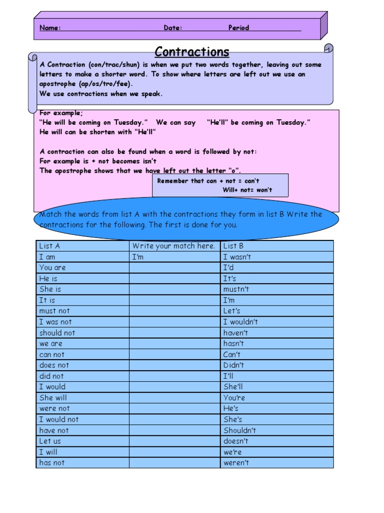 Contraction Exercises with Answers | PDF