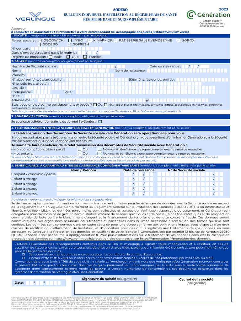 Bulletin d'Affiliation Mutuelle 2023 | PDF | Assurance | Vie privée et ...