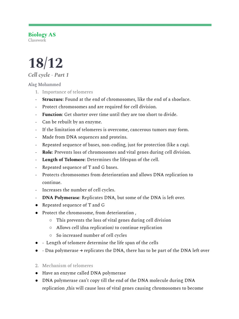 Biology As Notes 18 - 12 Alag | PDF | Telomere | Dna