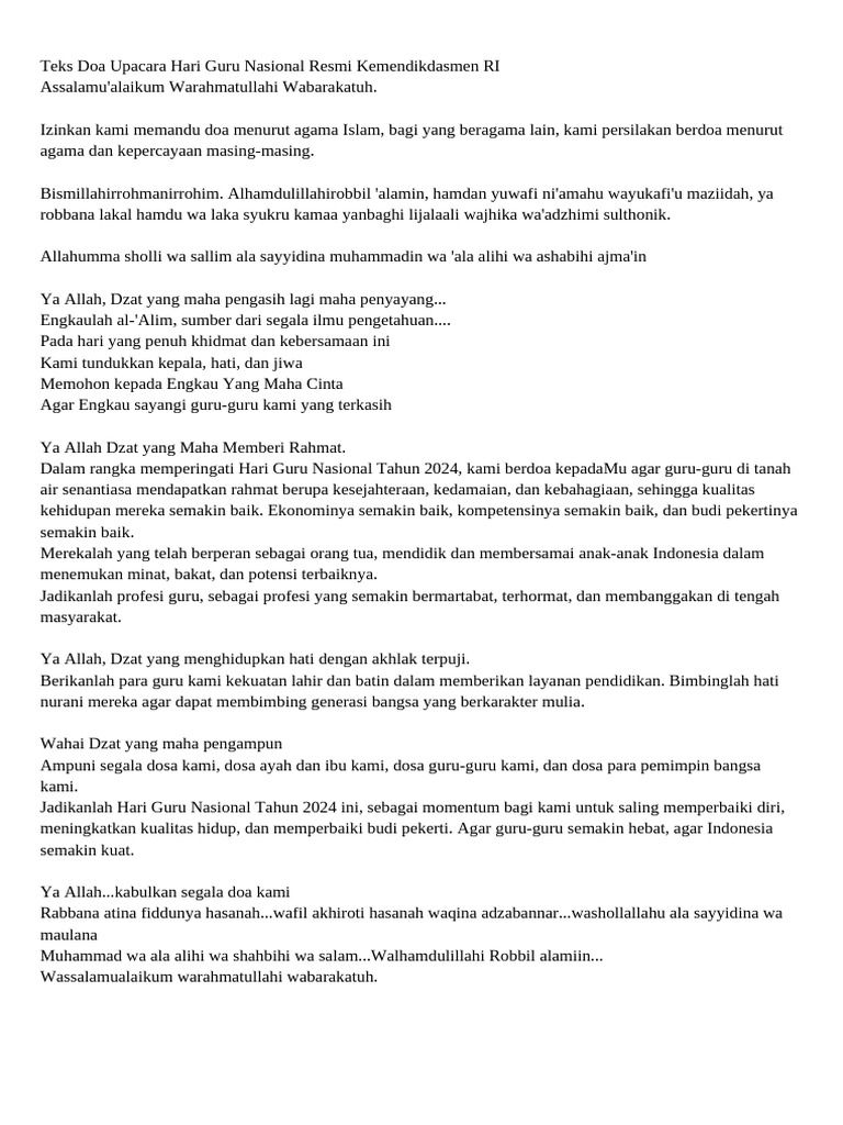 Teks Doa Upacara Hari Guru Nasional Resmi Kemendikdasmen RI | PDF