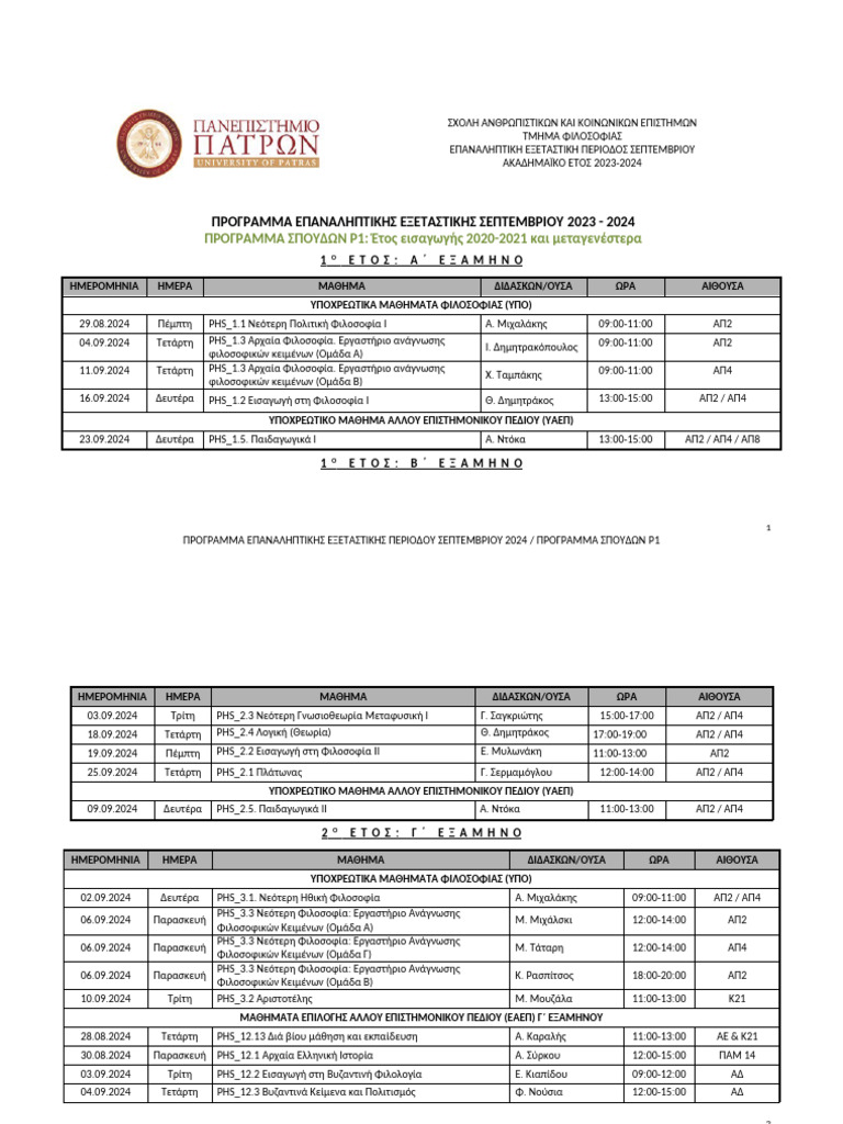 ΠΡΟΓΡΑΜΜΑ ΕΞΕΤΑΣΤΙΚΗΣ Ρ1 2023 24 | PDF