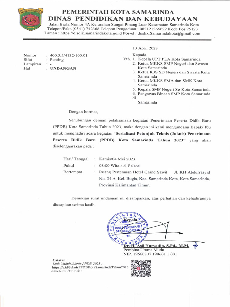 Undangan Sosialisasi Juknis PPDB Kota Samarinda Tahun 2023 Ke Kepala UPT. PLA Kota Samarinda ...