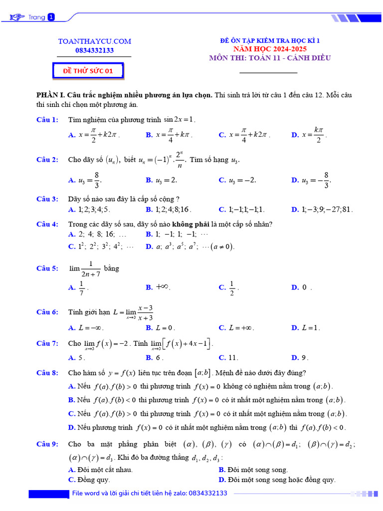 (toanthaycu.com) - Đề số 01 - Kiểm tra CK1 - Đề bài - Toán 11 - CD | PDF